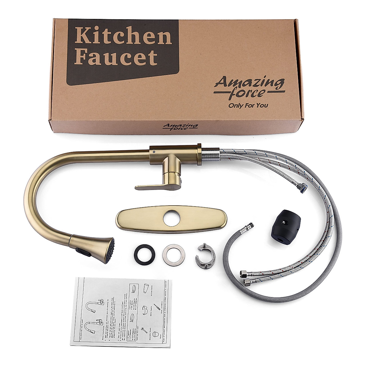 AMAZING FORCE Gold Kitchen Faucet Modern Pull Out Kitchen Faucets Stainless Steel Single Handle Kitchen Sink Faucet with Pull Down Sprayer 3 Hole Kitchen Faucet Mixer Tap 1.8 GPM