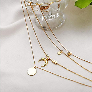 Chargances Bohemia Women Necklace Disc and Moon Necklace Coin Pendant Necklace Delicate Choker Chain Multi layer Necklaces for Women Gold Moon Crescent Disc Jewelry for Women and Girls
