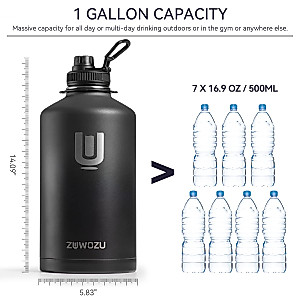 ZUWOZU 1 Gallon Water Bottle Insulated, 128oz Large Stainless Steel Water Bottles with Straw, Spout & Handle Lid, Big 1 Gallon Water Jug with Carrier Bag w/Strap, Perfect for Hot&Cold Drinks,Black