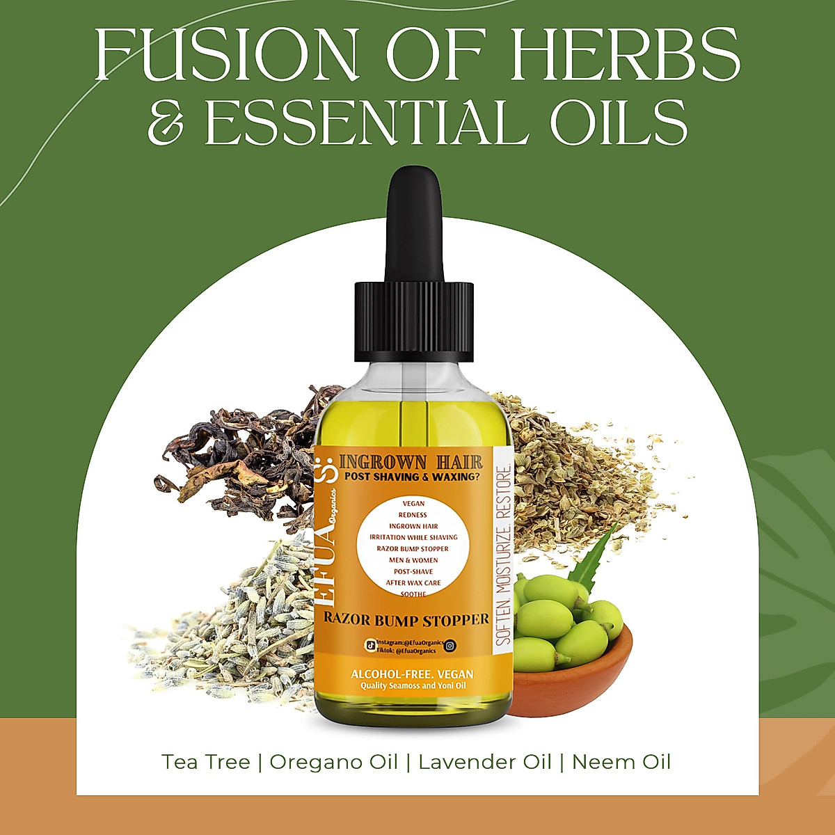 Efua Oil, Ingrown Hair Removal and Razor Bump Stopper Oil for Shaving and Waxing, Natural Neem Oil for Skin w/Tea Tree Oil, Removes Razor Bumps, Redness, and Razor Burn, 0.5 oz - Relief from Ingrown