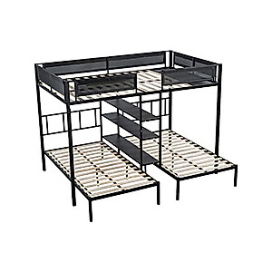 Goohome Full Over Twin and Twin Size Triple Bunk Bed with 4 Shelves, Heavy-Duty Steel Triple Bunk Beds Frame W/Safety Guardrail, Built-in Wood Slat and Ladder, for Kids, Teens, Adults