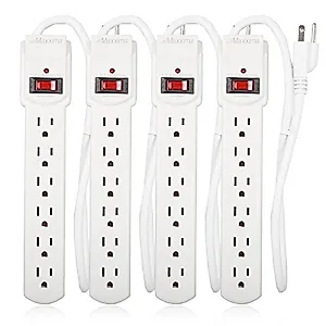 Maxxima 6 Outlet Power Strip Surge Protector - 300 Joules, Features Red On/Off Switch, 4 Pack, Powers Multiple Electronics and Devices Simultaneously, Perfect for Home Appliances - White