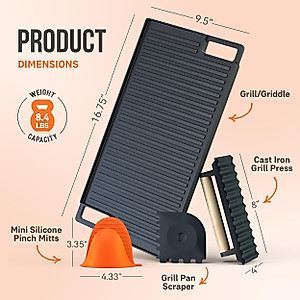 Cast Iron Griddle, Reversible Grill/Griddle + Cast Iron Press + Pan Scraper + Pinch Mitts, Grill Pan For Stove Top, Gas Grill, Indoor & Outdoor Cooking - Pre Seasoned & Non-stick (9.5" x 16.75")