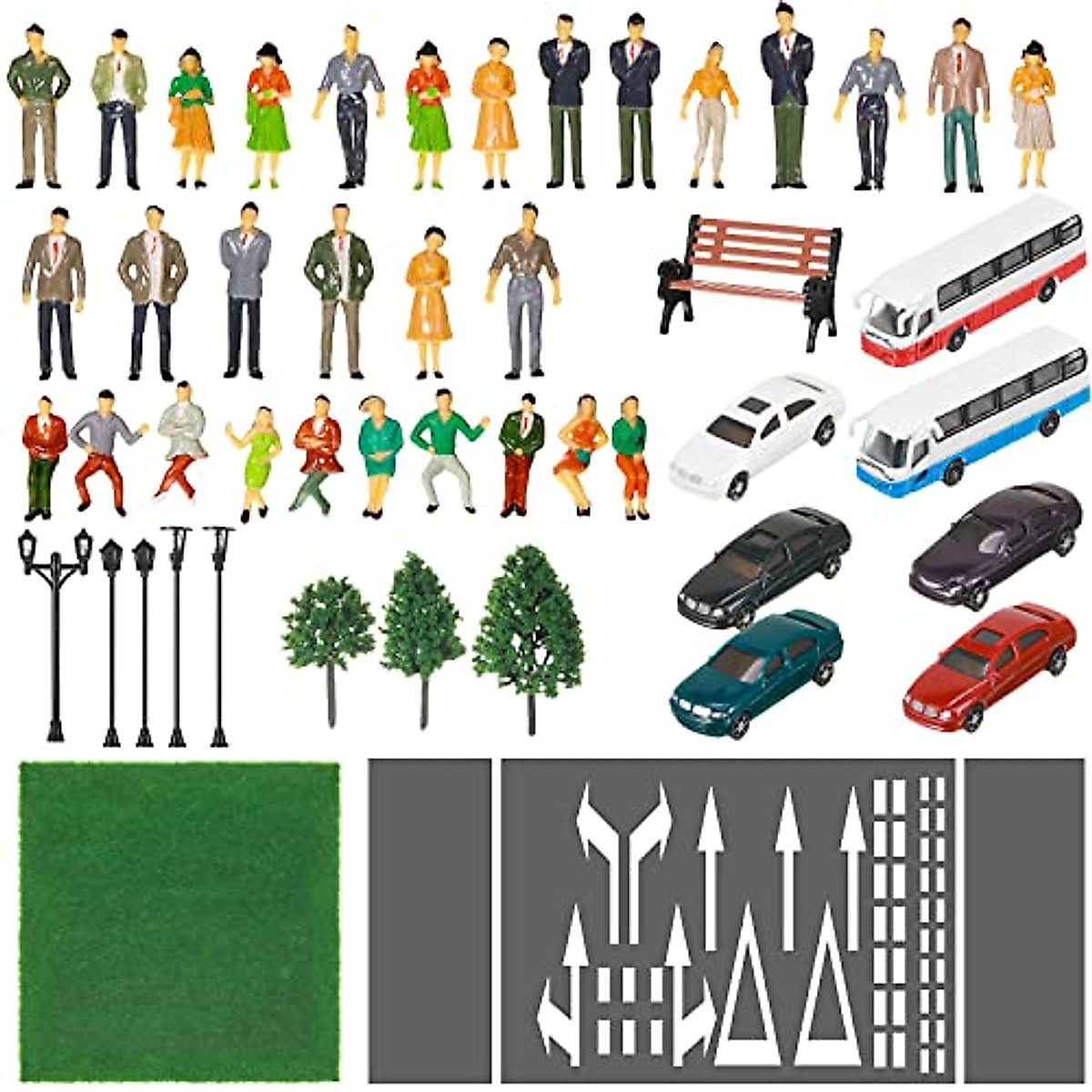 64 Pcs Railway Scenery Model Trains Architectural 1: 50 Scale Painted Figures Include Miniature People Mini Cars Light Lamp Bench Lawn White Colored Lines Trees Train Accessories for Micro Scene DIY