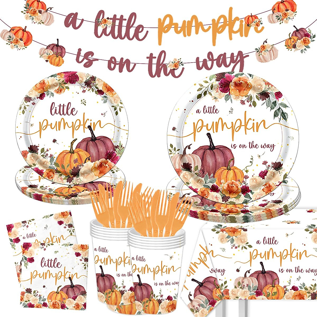 142Pcs Little Pumpkin Baby Shower Decorations-Fall A Little Pumpkin is on the Way Plates and Napkins Set Floral Autumn Thanksgiving Tableware Party Supplies