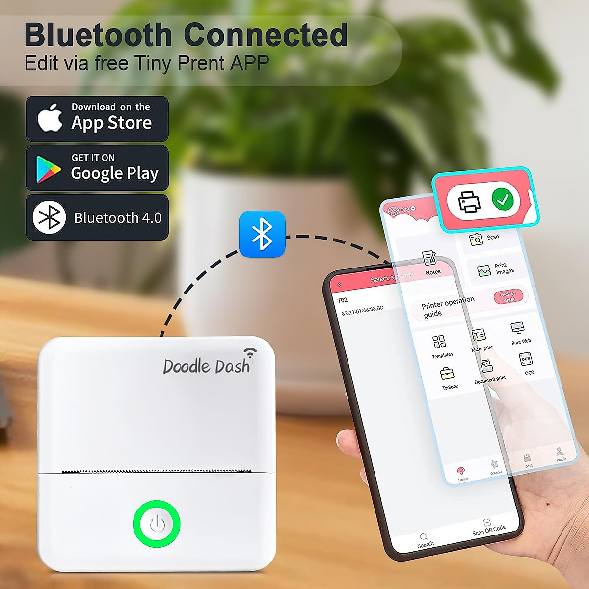 Doodle Dash Printer Mini Printer Sticker Maker Bluetooth Connection Cell Phone, Tablet with 5 Self-Adhesive Rolls Printing Paper Wireless Inkless Pocket Printer Suitable for Photos, Study (White)