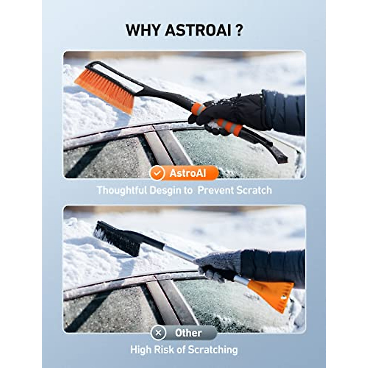 AstroAI 27 Inch Snow Brush and Detachable Ice Scraper with Ergonomic Foam Grip for Cars, Trucks, SUVs (Heavy Duty ABS, PVC Brush)