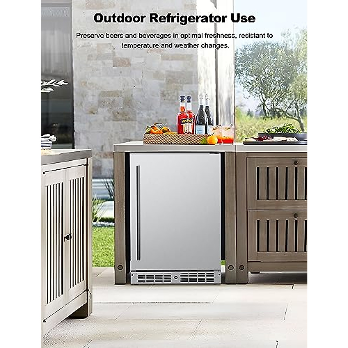 SUCISENI Outdoor Beverage Refrigerator, 24 Inch Undercounter Beverage Fridge Cooler Holds 180 Cans, Stainless Steel Refrigerator with Lockable Door for Home Bar, Outdoor Kitchen Patio or Commercial