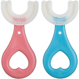 owno 2 Pack Children's U-Shaped Toothbrush, Manual Training, Food-Grade Soft Silicone Brush Head with Compact, Bristles & Easy Grip Handle, 360degree Oral Cleaning Design for Baby Care, Pink&blue