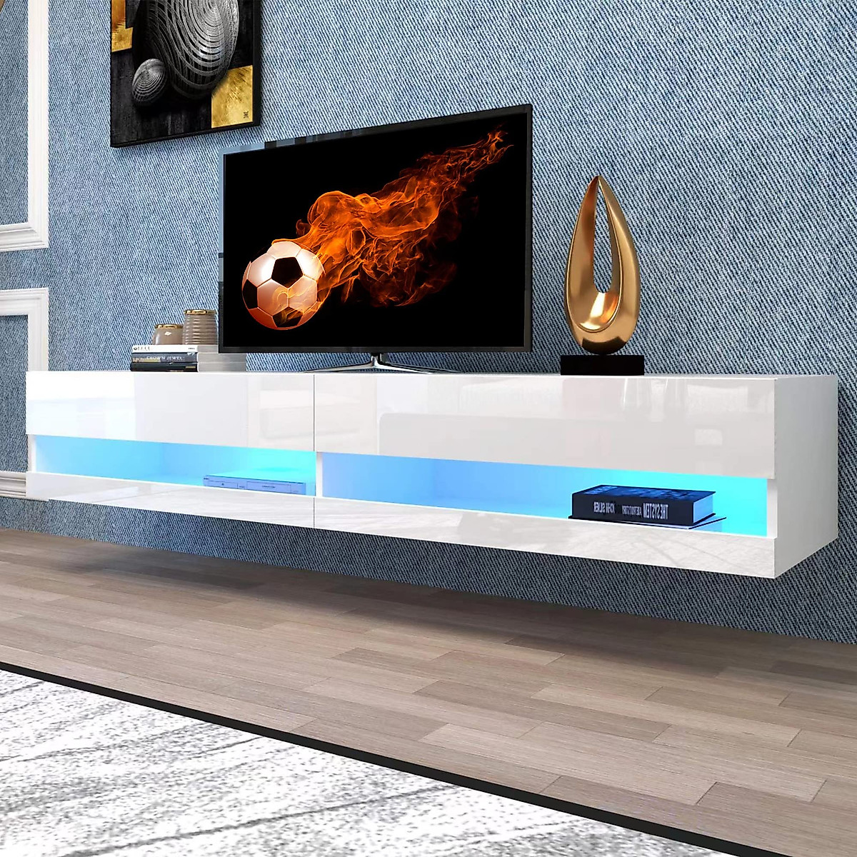 wuleen Floating LED TV Stand, Wall Mounted Entertainment Center with Storage and LED Light Socket Board, Modern High Gloss TV Stand Fits Up to 80 Inch TV, led Floating Shelf