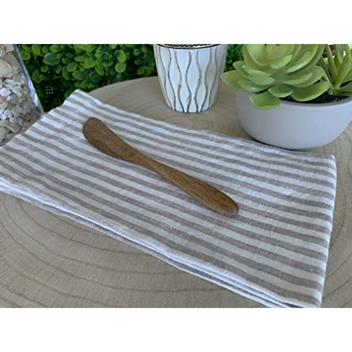 Linen Napkins – 100% French Flax – Stonewashed Pure Linen Cloth Napkins – Mitered Corners – Set of 4 (Gray/White Stripe)