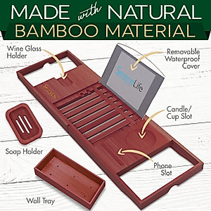SereneLife Bathtub Tray - Expandable Bath Tray for Tub, Adjustable Bamboo Caddy with with Non-Slip Handles, Device Holder and Wine Glass Slot for Bathing Luxury (Brown, Soft Back, Gift Set)