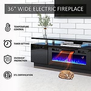 AMERLIFE Wall Unit Entertainment Center with Fireplace and Bookshelves, Includes 70" 2-Tier Fireplace TV Stand, 2 x Wall Cabinets & 2 x End Tables, Modern LED Lights TV Console for Living Room, Black