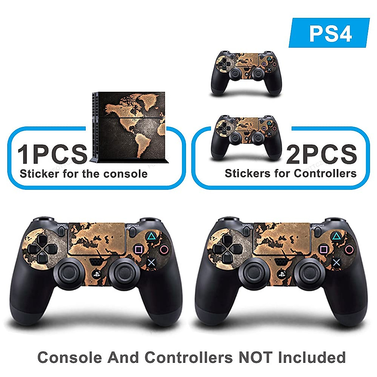 FOTTCZ Whole Body Vinyl Skin Sticker Decal Cover for PS4 Console and 2PCS Controllers Skins Vintage World Map
