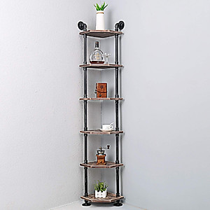 MBQQ Industrial Pipe Shelves Modern/Rustic Corner Book Shelves with Real Wood,Corner 6-Tier Bookshelf Display Stand,Metal Standing Home Decor Shelf Units