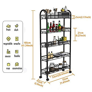 WASJOYE Rolling Wire Slim 5-Shelf Storage Cart for Home Kitchen Marketplace, Storage and Organization Stand with Lockable Wheels (Black)