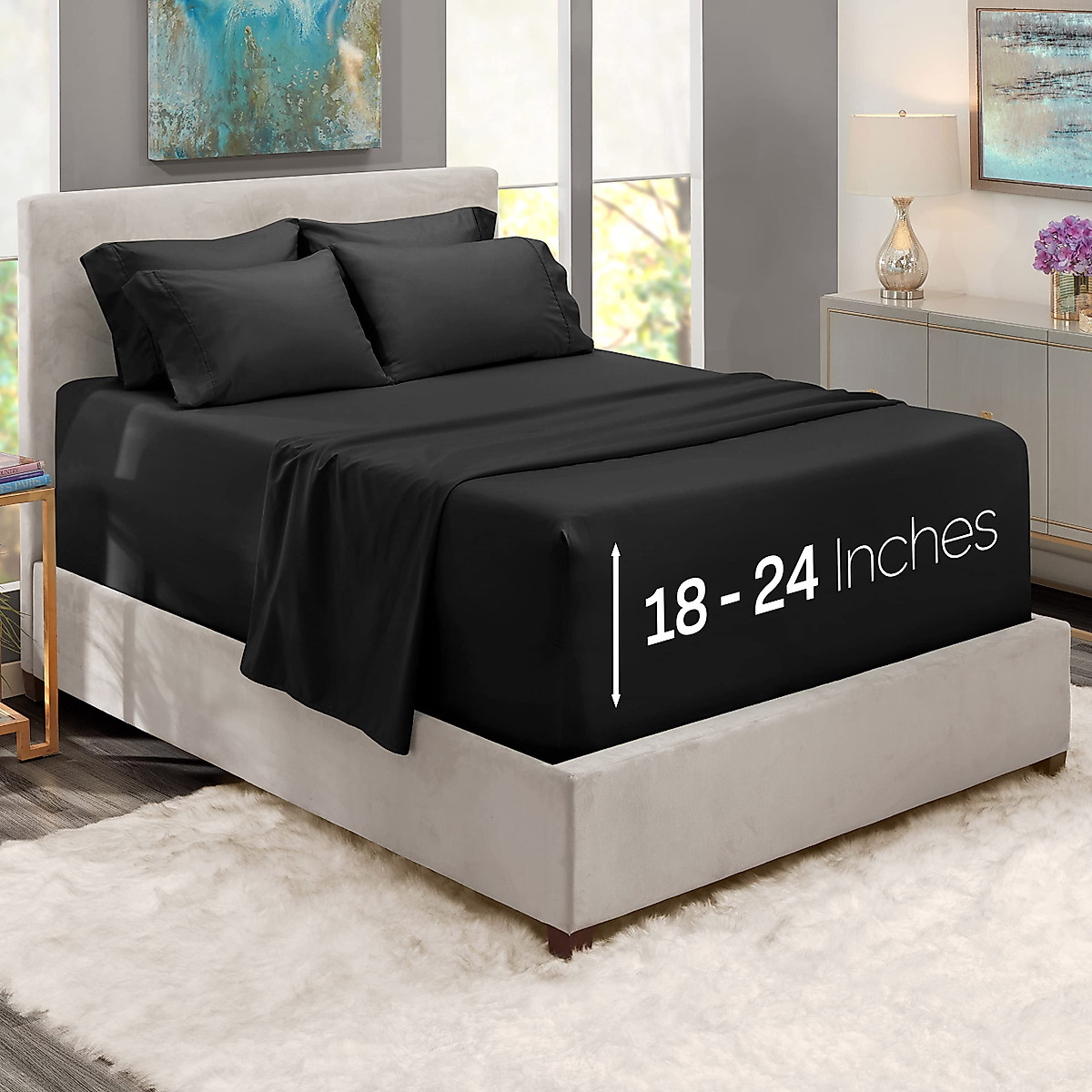 Hearth & Harbor Extra Deep Pocket Sheets - Fits Mattress 18-24 Inches Deep - Extra Deep Pocket Full Size Sheets Sets - 6 Piece Full Size Sheets - Full Sheets Deep Pocket - Black Sheets