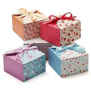 Hayley Cherie - Square Floral Gift Treat Boxes with Ribbons (20 Pack) - 5.8 x 5.8 x 3.7 inches - Thick 400gsm Card - For Cookies, Goodies, Candy, Parties, Christmas, Birthdays, Weddings (Standard)