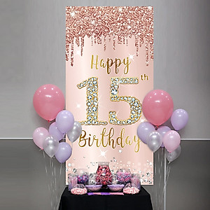 Happy 15th Birthday Door Banner Decorations for Girls, Pink Rose Gold 15 Birthday Party Backdrop Door Cover Sign Supplies, Fifteen Year Old Birthday Poster Background Decor