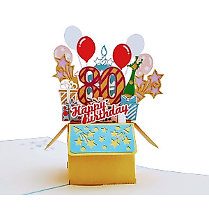 iGifts And Cards Happy 80th Blue Birthday Party Box 3D Pop Up Greeting Card – Eighty, Awesome, Balloons, Unique, Celebration, Feliz Cumpleaños, Fun, Fabulous