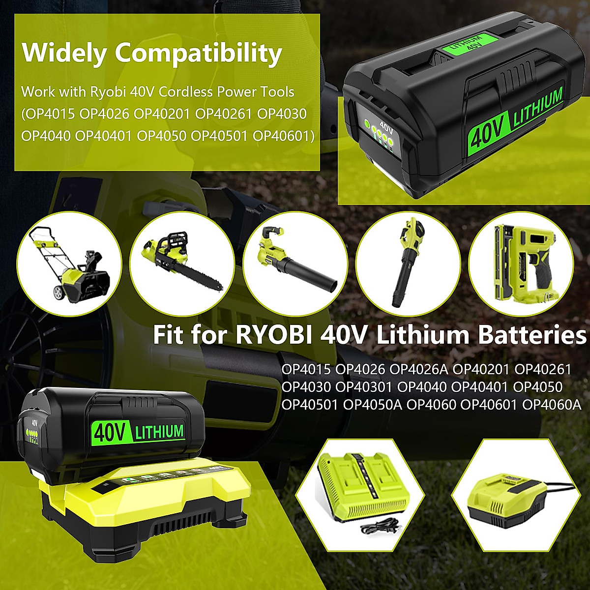 Homesuit 40V Battery Replacement for Ryobi 40V Battery and 40V Battery Charger Combo, Compatible with Ryobi 40 Volt Lithium Battery 6.5Ah OP4026 OP40601 OP4050A OP4040 OP4030 OP4050 OP4015 OP40201