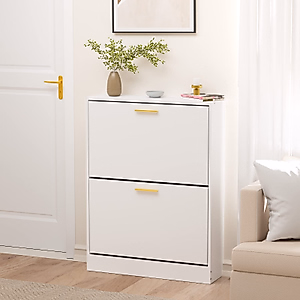 JOZZBY Shoe Cabinet Storage for Entryway, Slim White Hidden Shoe Organizer Cabinet with 2 Flip Drawers, Wooden Narrow Shoe Rack with 2 Tier Freestanding for Hallway, Living Room