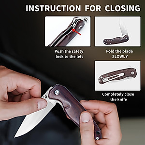 Wood Handle Pocket Knife, 2.9in 8Cr13MoV Stainless Steel Blade, EDC Knife with Belt Clip for Hunting, Camping, Hiking, and Everyday Carry, 6.5in