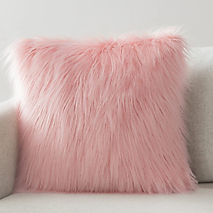 Phantoscope Faux Fur Solid Decorative Pillow Cover Fluffy Throw Pillow Mongolian Luxury Fuzzy Pillow Case Cushion Cover for Bedroom and Couch,Pink 18 x 18 Inches