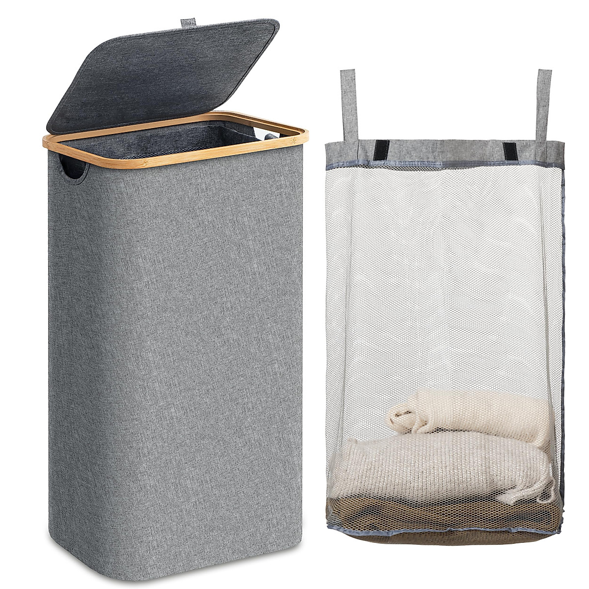 Famyards Laundry Hamper with Lid, 100L Large Laundry Basket with Bamboo Handles and Removable Inner Bag, Collapsible Dirty Clothes Hamper Laundry Bin for Bathroom, Bedroom, Dorm Laundry Room(Grey)