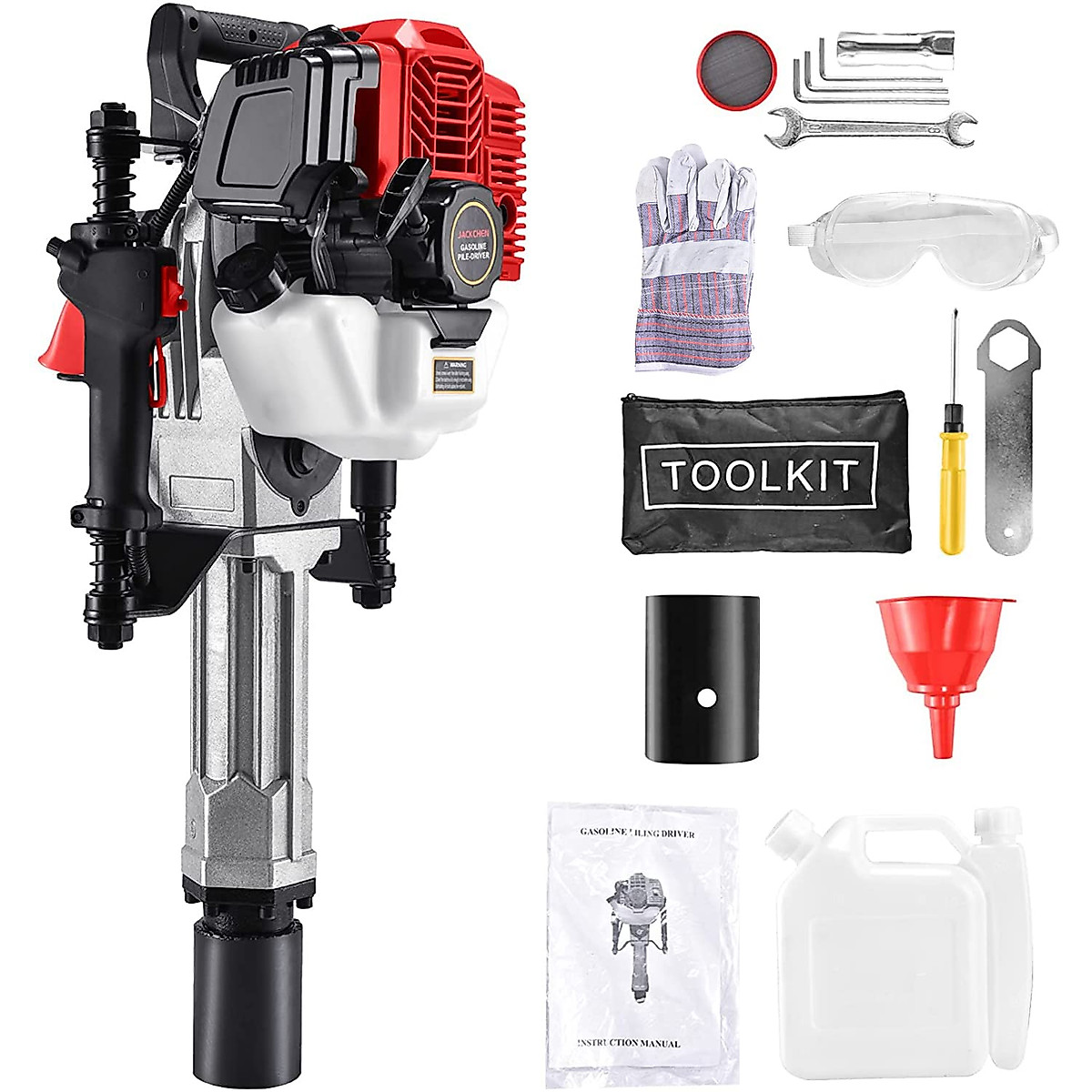 52CC Gas Powered T-Post Driver, JACKCHEN 1900W Two Stroke Garden Fencing Tool Farm Piling Driver, Air Cooling Single Cylinder Gasoline Petrol Garden Fencing Tool Machine with 2 Post Driving Head