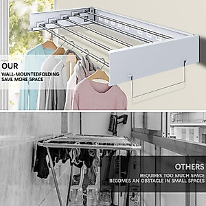 GOOUQA Clothes Drying Rack Collapsible Wall Mounted, 31.5" Wide Space Saving Retractable Drying Rack Laundry Clothing with Wall Template, 13.2 Linear Ft, 60 lb Capacity, White