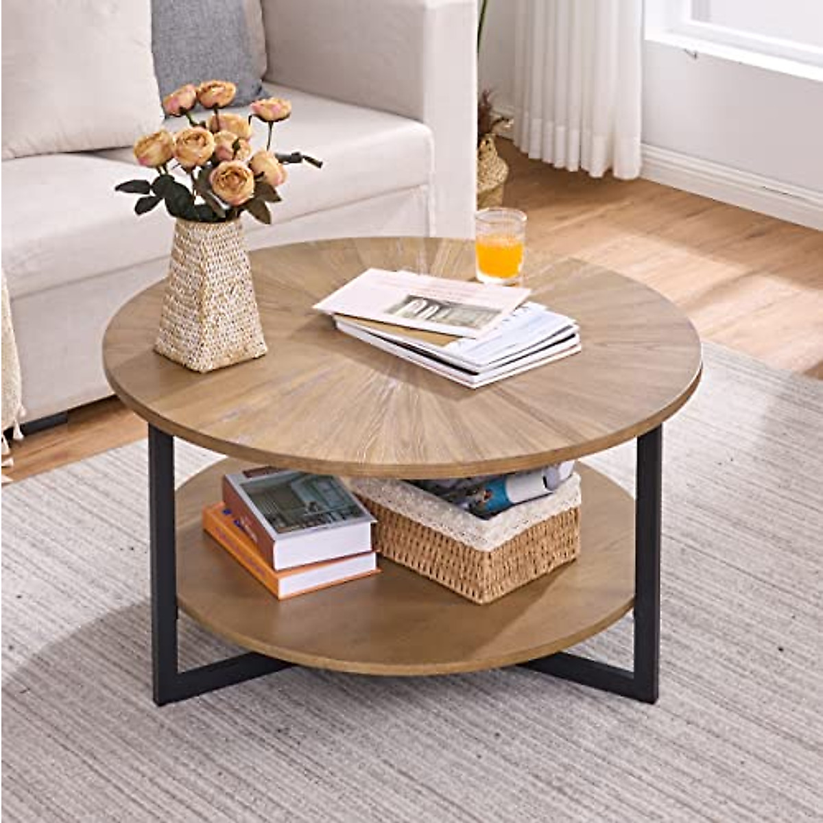 33.5" Round Coffee Table with 2-Tier Storage, Farmhouse Living Room Cocktail Table with Black Metal Leg, Solid Wood Industrial Sofa Center Table,Easy Assembly, Rustic Natural KFZ1338