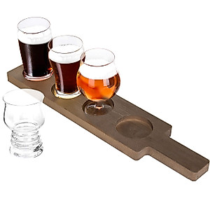 MyGift Rustic Brown Solid Wood Paddle Shaped Beer Flight Board with Beer Glasses, Pub Party Tasting Flight Set with 5 oz Craft Beer Sampler Glasses, 5 Piece Set