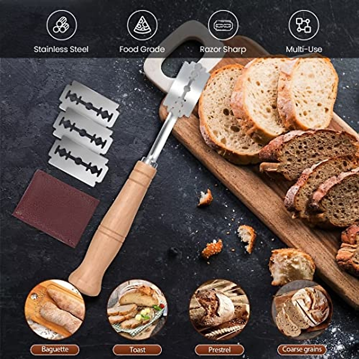 CUNSENR Premium Bread Lame Tool - Hand Crafted Bread Lame Dough Scoring Tool - Easy to Lame Bread & Clean - Stainless Steel Sourdough Scoring Tool - Bread Scoring Tool with Leather Cover(5 Blades)