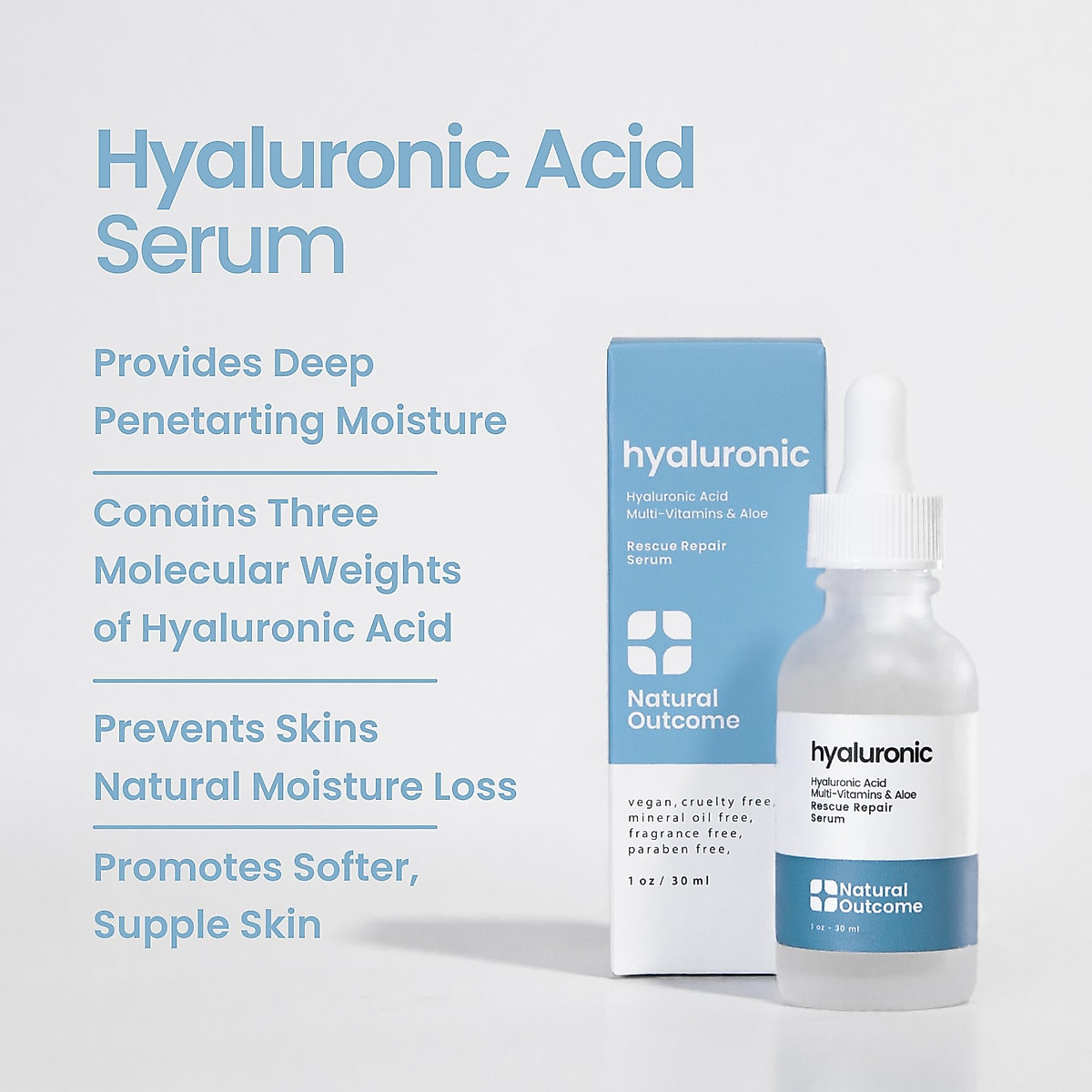 Natural Outcome Hyaluronic Acid Serum for Face | Anti-Aging Facial Serum with Vitamin b5 | Reduces Fine Lines and Wrinkles | Moisturizing and Hydrating Rescue Repair Skin Care Serum | 1 Oz