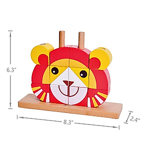 Wooden Stacking,Wood Stacker Blocks, Sorting Toy,Classic World Stacker for Baby Toddler Early Learning Education（Lion Uni Blocks，RED）