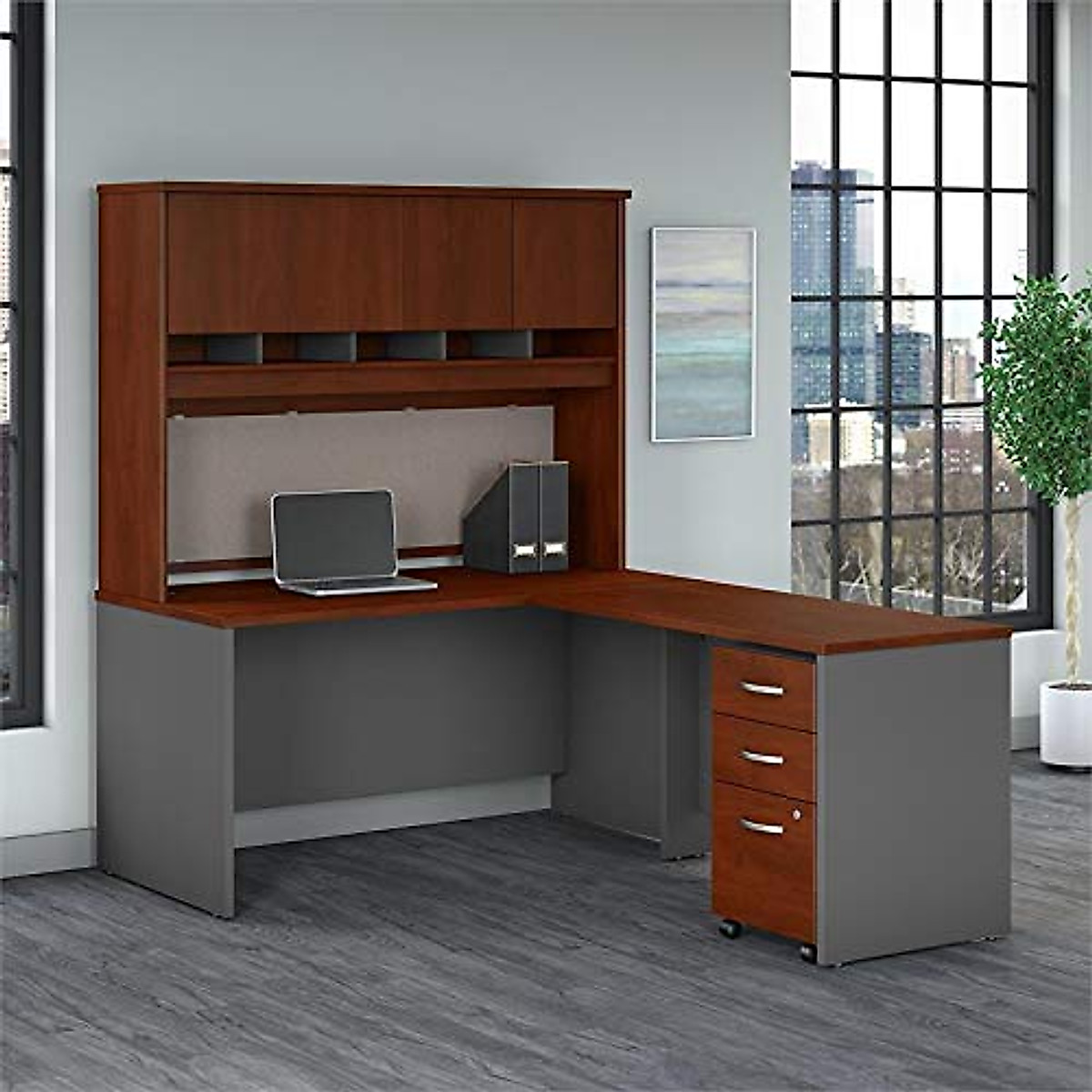 Bush Business Furniture Series C L Shaped Desk with Hutch and Mobile File Cabinet, 60W, Hansen Cherry