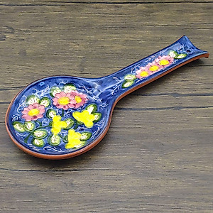 Handmade Hand Painted Portuguese Pottery Ceramic Spoon Rest (Floral), 11'' x 4.75'' x 0.5'' inches