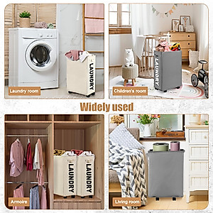 2 Pack Rolling Slim Laundry Basket Laundry Hamper with Wheels and Handle Foldable Waterproof Narrow Corner Clothes Storage Bins Tall Laundry Basket for baby's room/Laundry Room Etc,(42L,Beige+Grey)