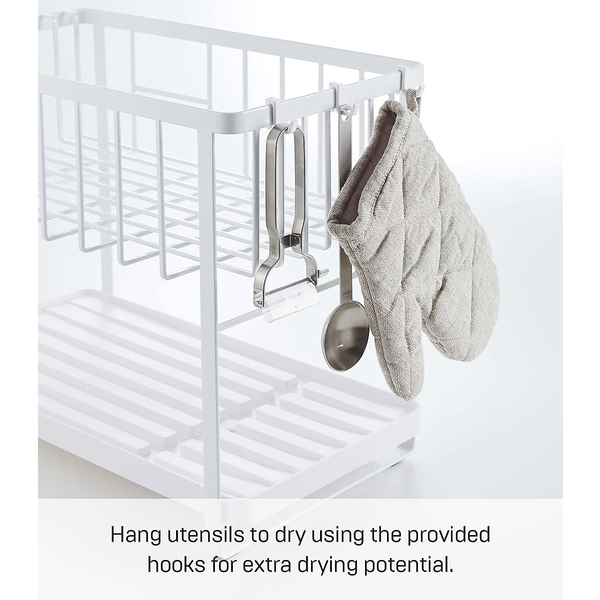 Yamazaki Home Two-Tier Adjustable Dish Drainer Rack, Compact Drying Rack with Hooks, Utensils Holder, Steel, Draining Spout, Water Resistant, No Assembly Req.