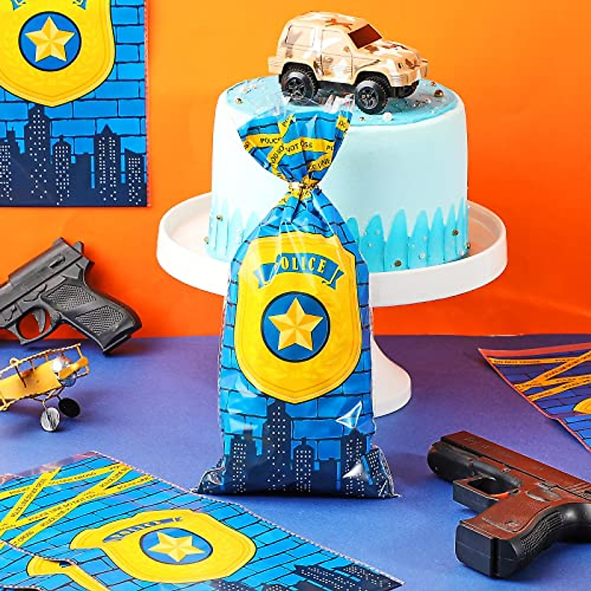 100 Pcs Police Party Cellophane Bags Police Party Favor Bags Police Gift Bag Police Candy Bag Police Goodie Bags Blue Cello Bags Treat Bag with 100 Sliver Twist Ties for Cop Birthday Party Supplies