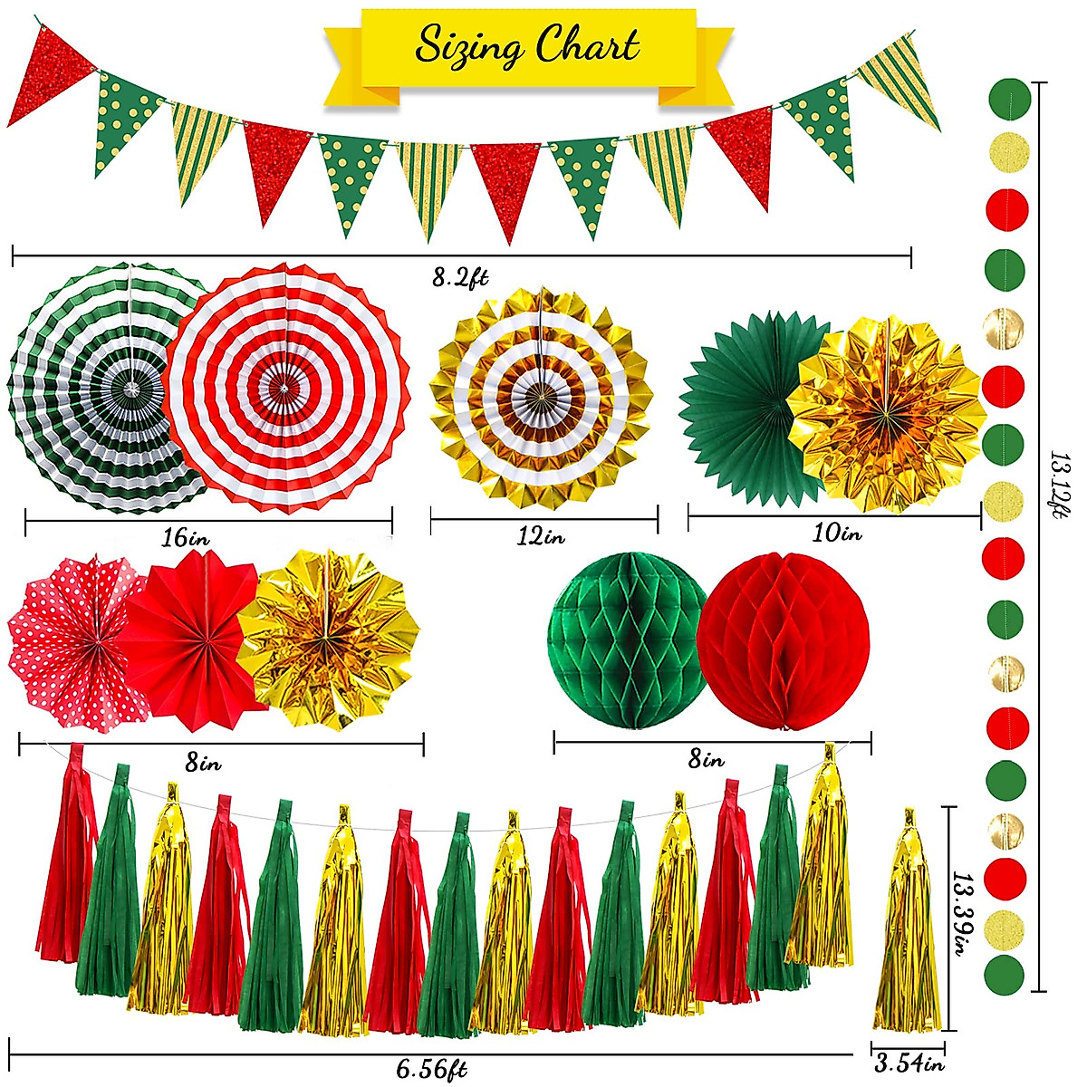 Red Green Gold Party Decoration Hanging Paper Fans, Pom Poms Flowers, Honeycomb Ball, Garlands String Polka Dot,Tassel Garland and Triangle Flags for Graduation, Birthday, Wedding, Baby Bridal Shower
