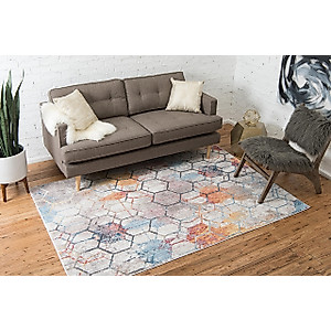 Unique Loom Rainbow Collection Geometric Abstract Trellis Modern Watercolor White Area Rug (7' 0 x 10' 0)