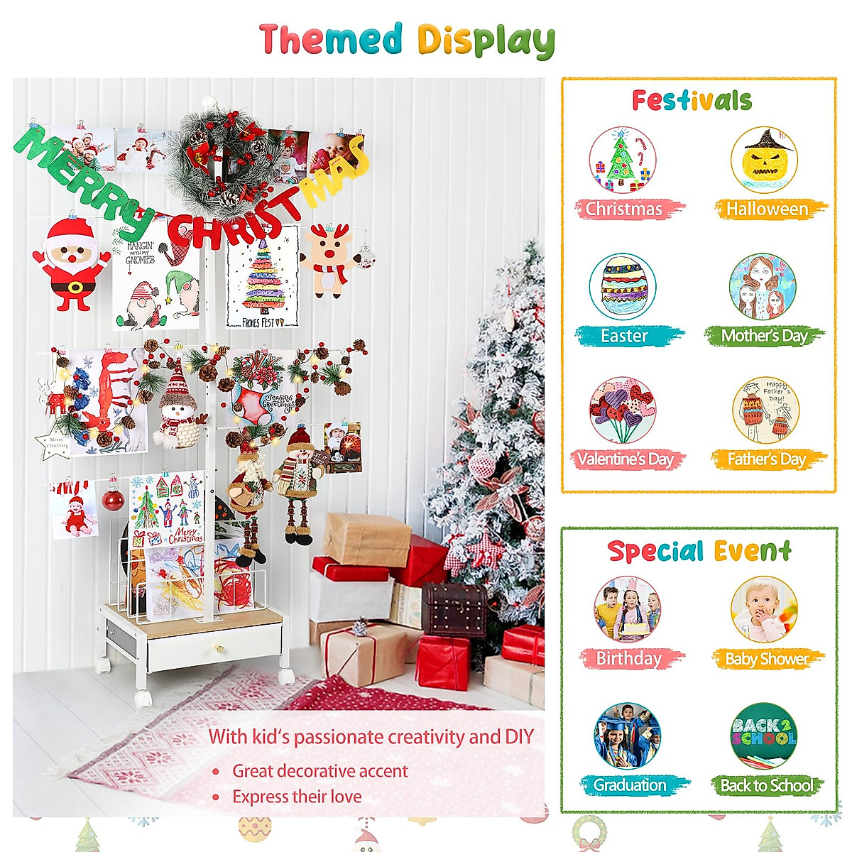 Bikoney Art Display for Kids Artwork-(30 Clips -Total 12ft Wire)-Kids Art Display-Art Drying Rack-Floor Picture Hanging System Kit for Drawing/Photo/Card/Picture Collage Display