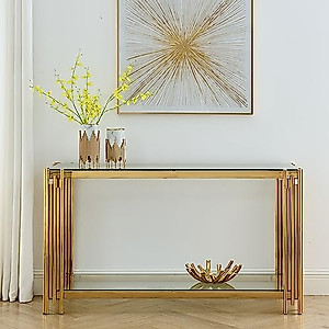 55" Gold Console Table, Modern Glass Sofa Table with Polished Golden Stainless Steel Frame and Clear Tempered Glass Top, for Living Room Entryway Bedroom