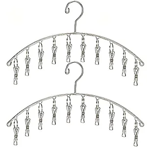 Toplife Clothes Hanger with 10 Clips, Stainless Steel, Windproof, for Drying Socks, Bras, Underwears, Baby Clothes, Hats, Scarfs, Towels, Pants and Gloves, Set of 2