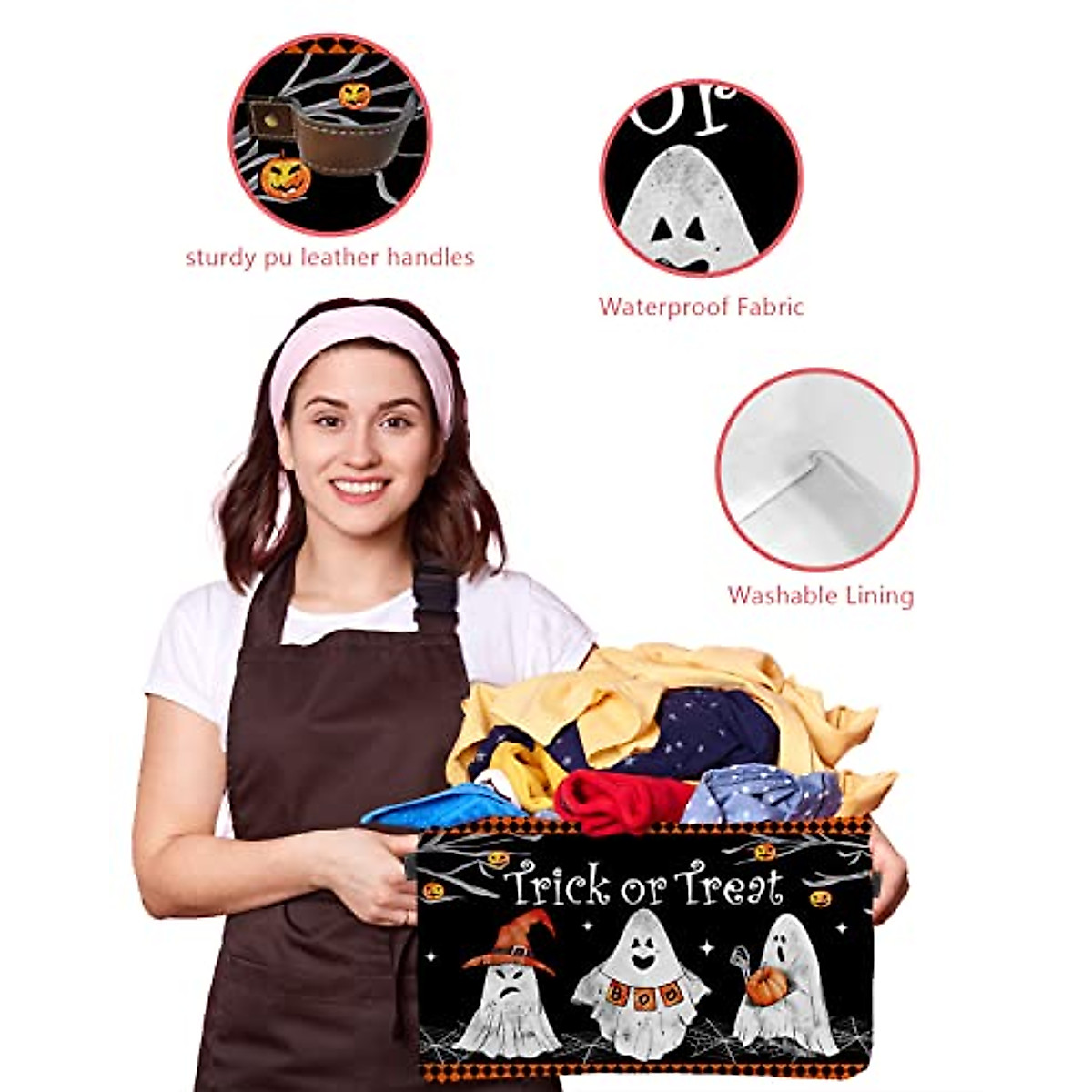 Large Storage Baskets Bins Halloween Collapsible Storage Box Laundry Organizer for Closet Shelf Nursery Kids Bedroom Orange Black Plaid Boo Ghost Pumpkin Trick or Treat