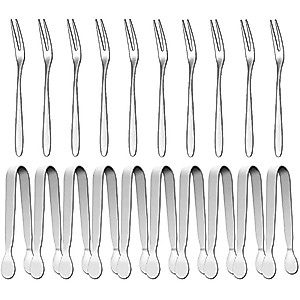 Mini Serving Tongs & Fruit Fork, 4Inch Stainless Steel Sugar Cube Tongs, Sliver Small Ice Tongs for Tea and Coffee Party, Appetizers, Desserts by Sunenlyst (10 Sugar Tongs,10 Fruit Forks)