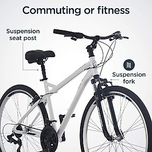 Schwinn Network 3.0 Hybrid Bike, Men and Women, 700c Wheels, 21-Speed, 18-Inch Aluminum Frame, Front Suspension, Alloy Linear Pull Brakes, White