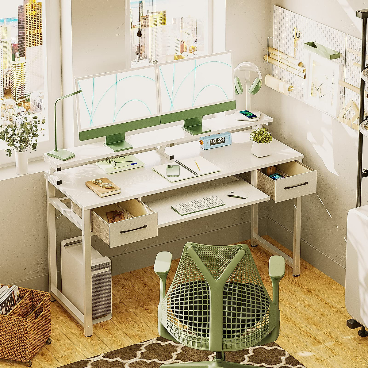 ODK Computer Desk with Keyboard Tray, 55 inch Office Desk with Drawers, Writing Desk with Monitor Shelf and Storage, Work Desk for Home Office/Bedroom, Bamboo
